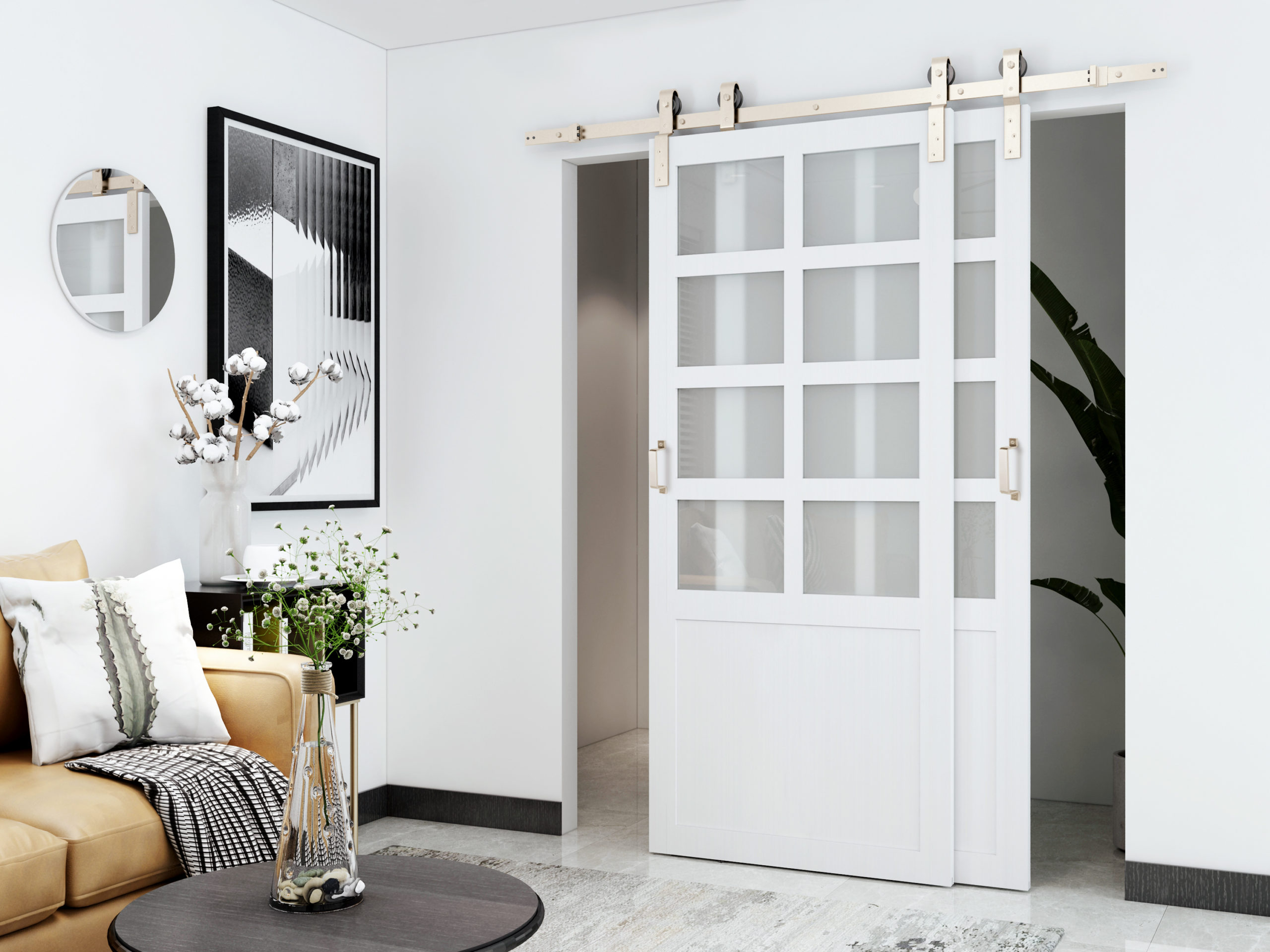 Provincial 8-Lite Design Single Track Bypass Hardware Barn Door Kit - Renin